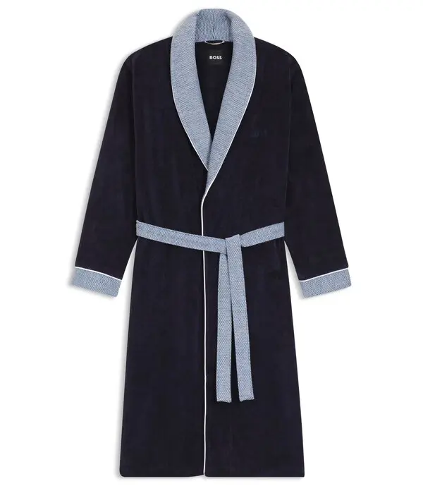 BOSS Embroidered-logo Navy Dressing Gown In Cotton Velvet - Dark Blue