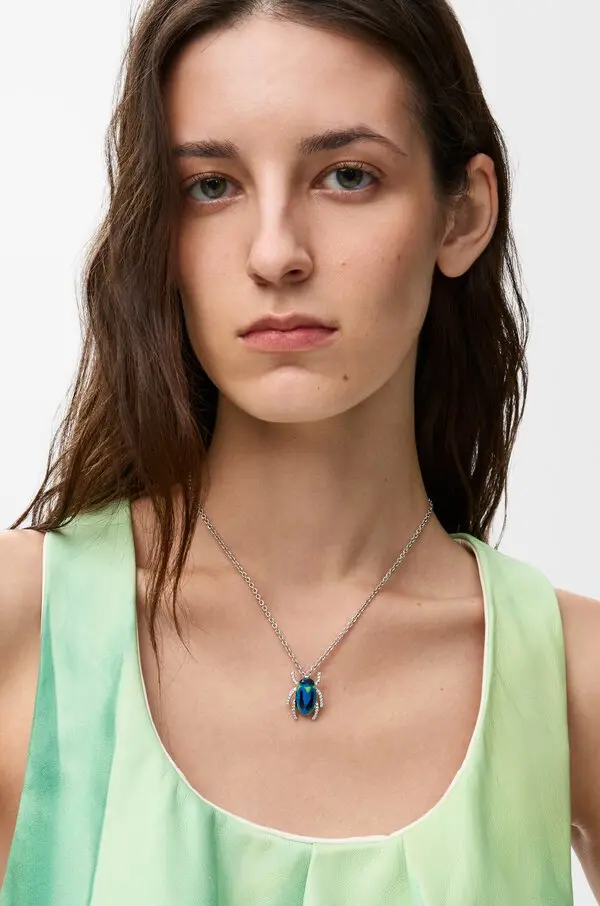 Loewe Scarabeo Necklace In Sterling Silver, Enamel, And Crystal - Silver/blue