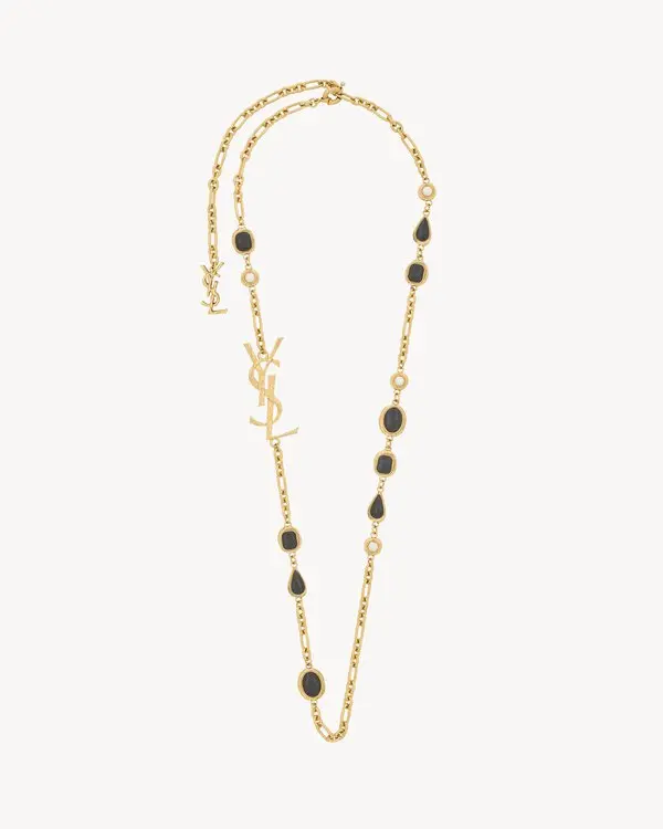 Saint Laurent Cassandre Necklace In Enamel, Resin, And Metal - Black, Pearl White And Patinated Gold