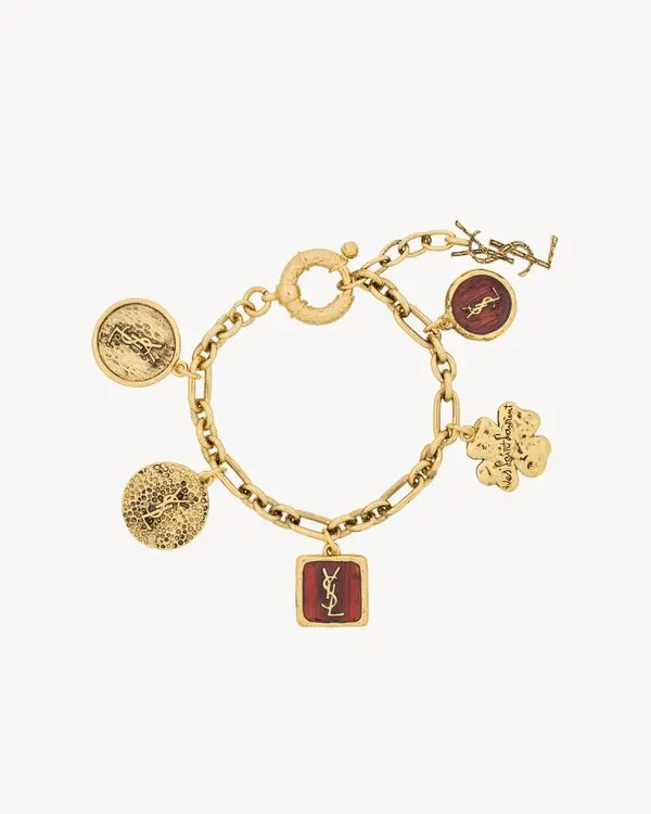 Saint Laurent Cassandre Charm Bracelet In Enamel And Metal - Burgundy And Patinated Gold
