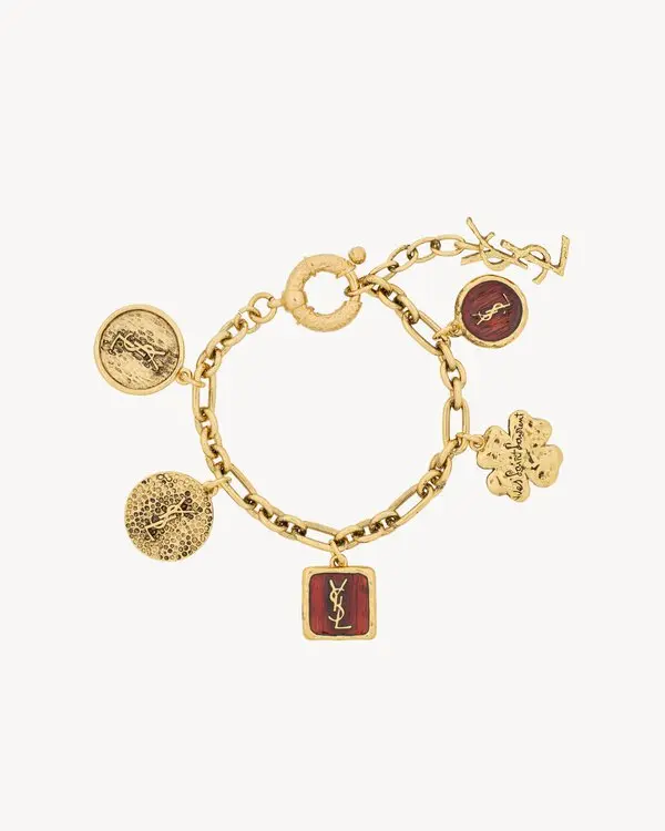 Saint Laurent Cassandre Charm Bracelet In Enamel And Metal - Burgundy And Patinated Gold