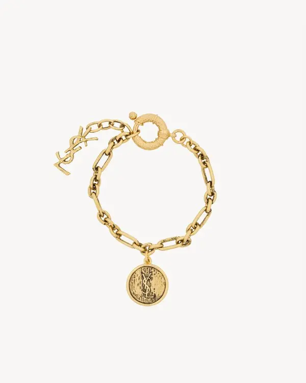 Saint Laurent Cassandre Medallion Chain Bracelet In Metal - Patinated Gold