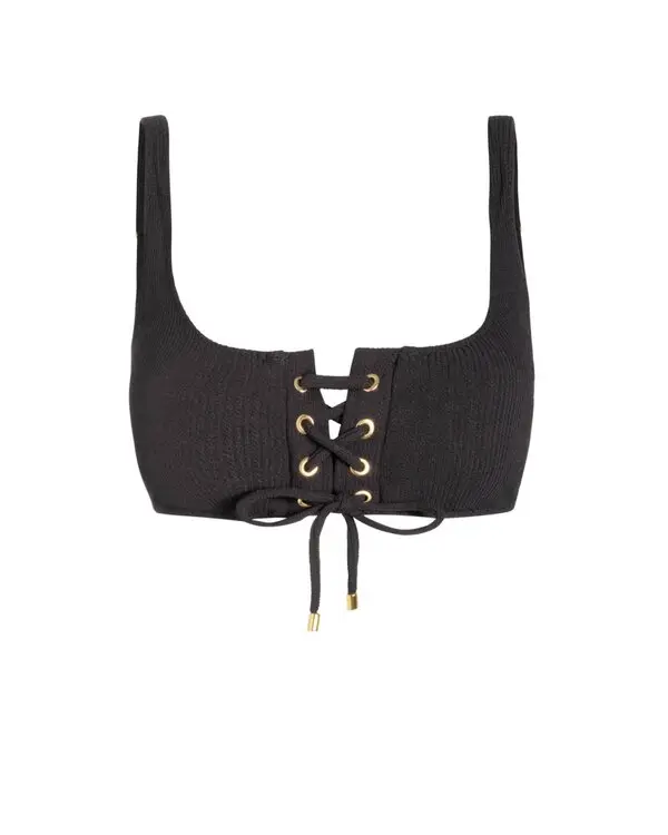 CHANGE OF SCENERY Samara Textured Lace-up Bikini Top - Black