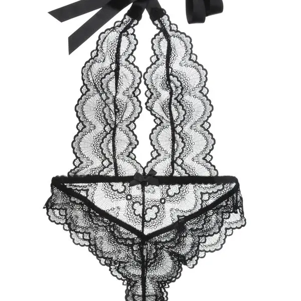 JOURNELLE Natalia Lace Bodysuit With Plunge Neckline And Halter Tie - Black
