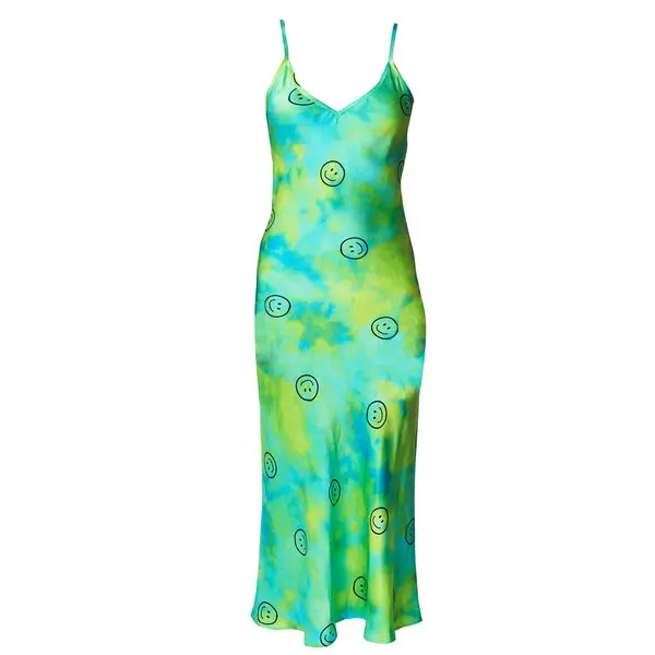 ROY G. Acid Smiley Tie Dye Silk Slip Midi Dress - Green
