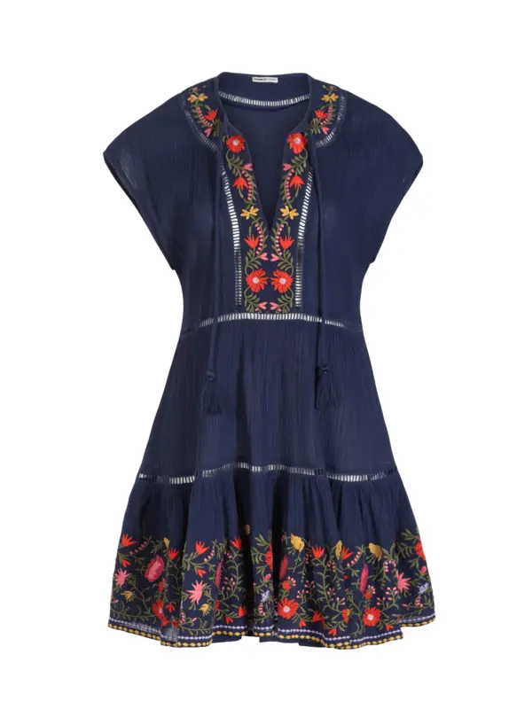 CHANGE OF SCENERY Embroidered Gari Dress - Blue/red