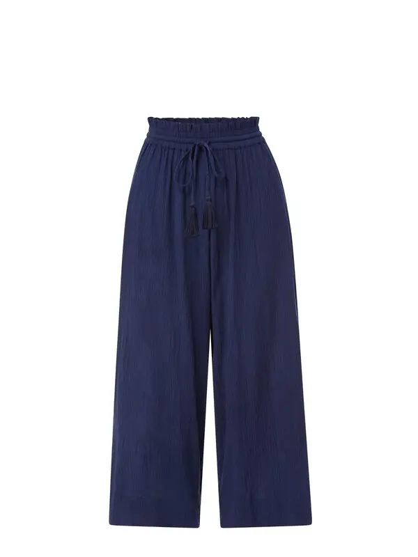 CHANGE OF SCENERY Navy Crinkle Cotton Wide Leg Pull-on Pants