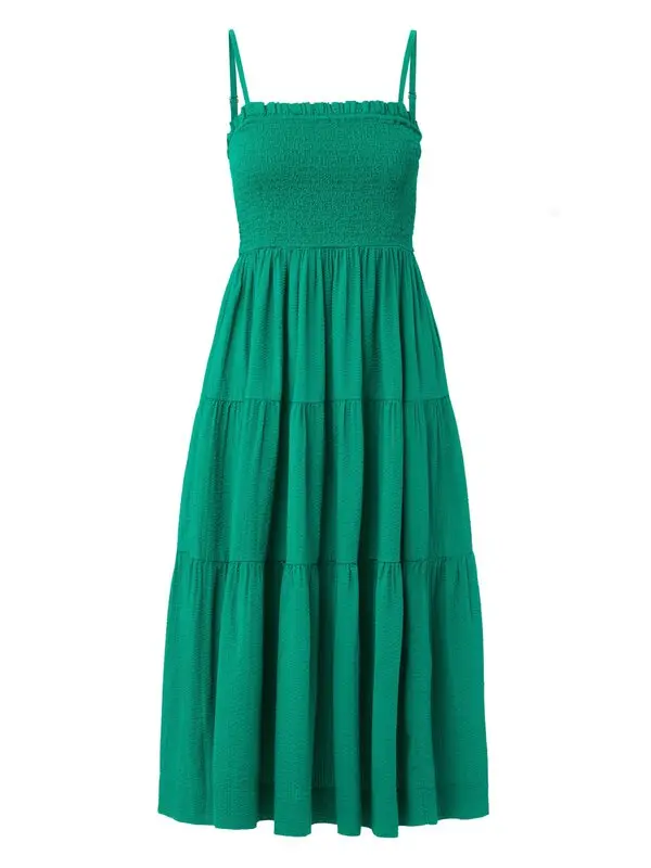CHANGE OF SCENERY Kristen Dress Emerald Cotton Seersucker Tiered Midi - Green