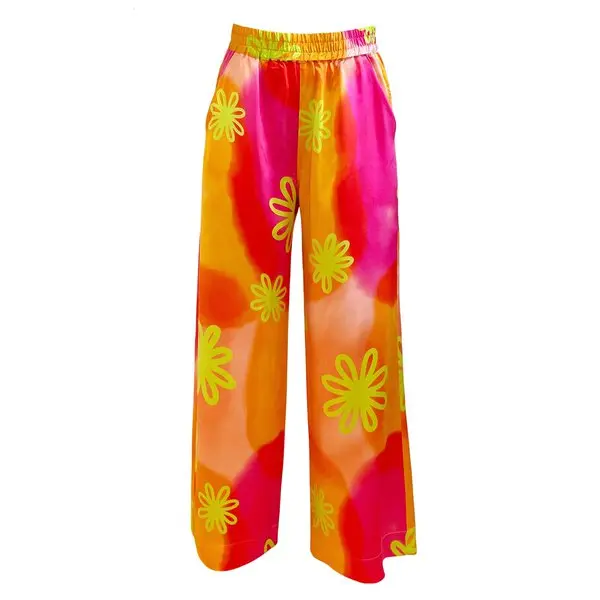 ROY G. Watercolor Floral Silk Pajama Pants - Orange/red