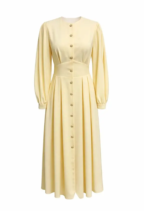 EXQUISE Long Sleeve Midi Dress With Button Detailing - Yellow