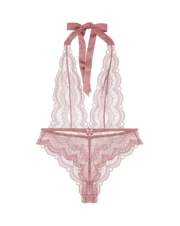 JOURNELLE Natalia Lace Bodysuit With Plunge Neckline And Ribbon Tie - Pink