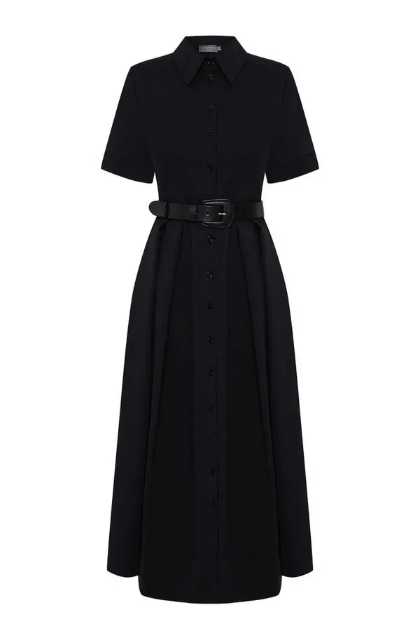EXQUISE Lilah Classic Collar Belted Midi Dress