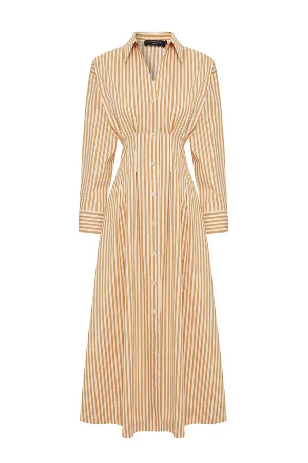 EXQUISE Striped Midi Shirt Dress - Brown