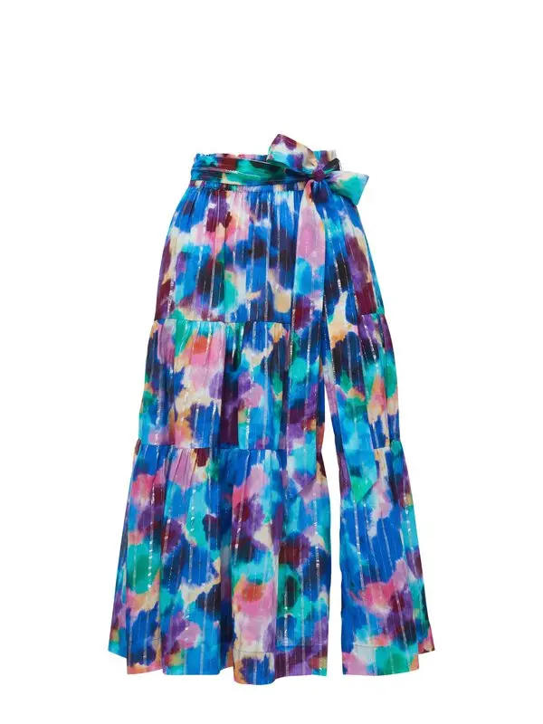 CHANGE OF SCENERY Giverny Gardens Metallic Print Tiered Maxi Skirt - Blue/red