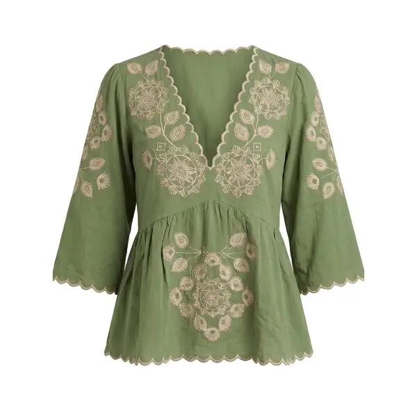 RAFFYA Aubrey V-neck Embroidered Blouse - Green
