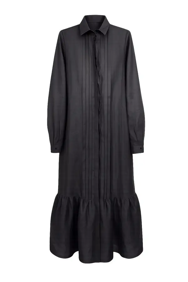 EXQUISE Venus Long Sleeve Linen Maxi Shirt Dress - Black