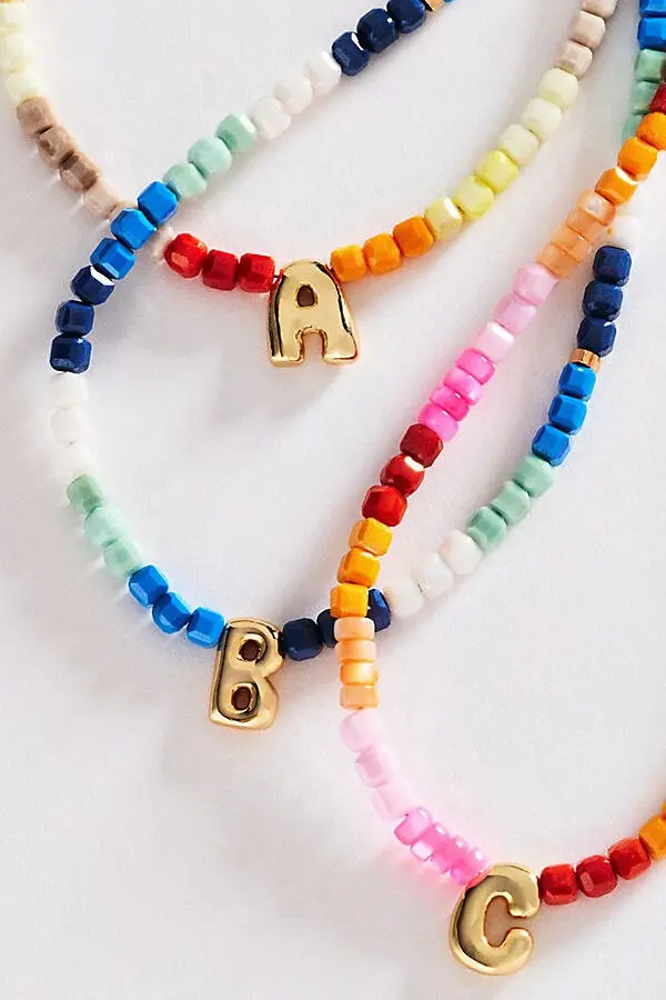 Anthropologie Beaded Initial Necklace With Cubic Zirconia Accent - L