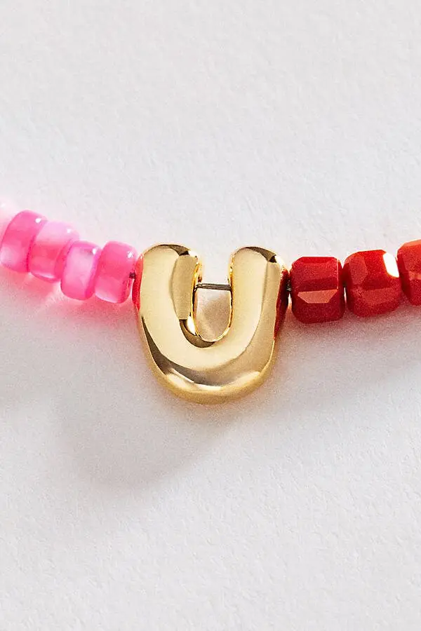 Anthropologie Beaded Initial Necklace With Cubic Zirconia Accent - U