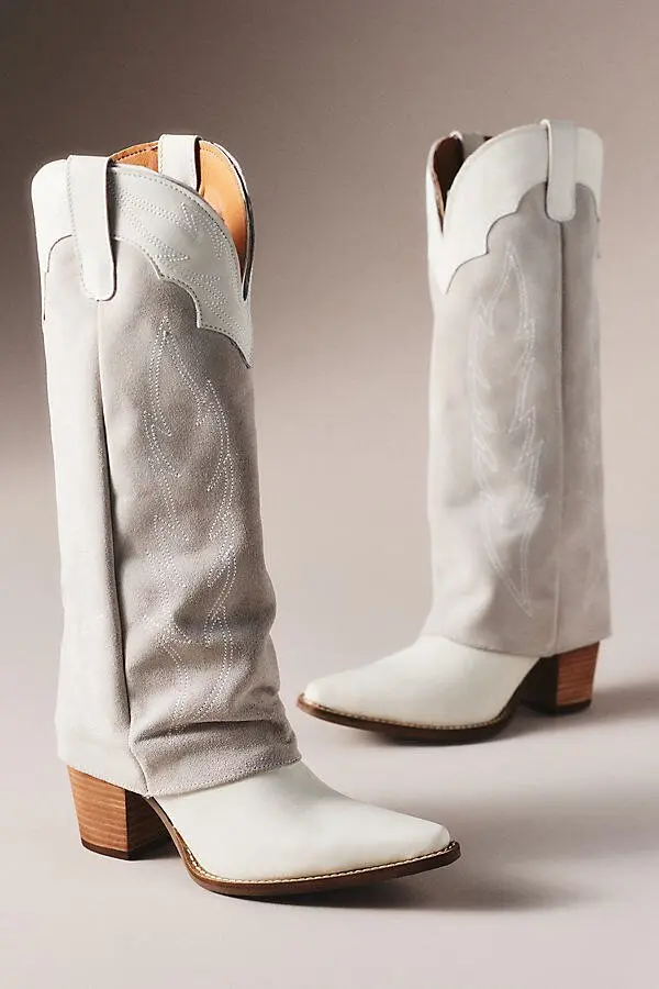 DINGO Suede Western Boots With Stacked Heel - White