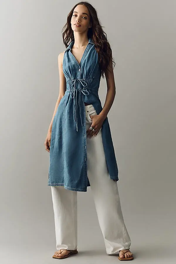 PILCRO 100% Cotton Denim Midi Shirt Dress - Medium Denim