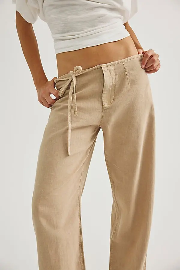 Free People Amelia Linen Side-tie Pants - Tannin