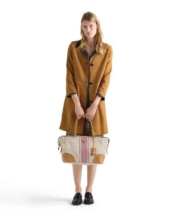 Prada Large Canvas And Leather Tote Bag - Tan/red