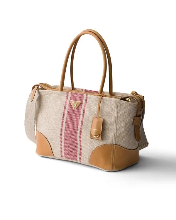 Prada Large Canvas And Leather Tote Bag - Tan/red