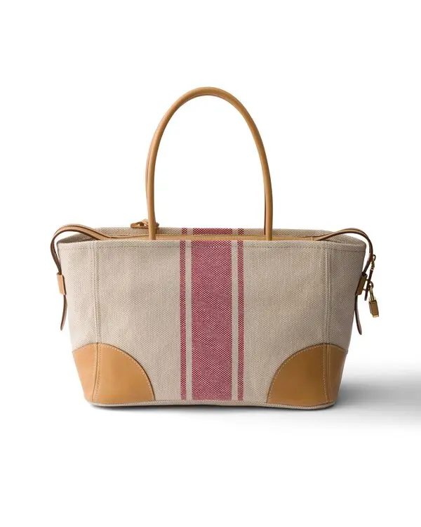 Prada Large Canvas And Leather Tote Bag - Tan/red