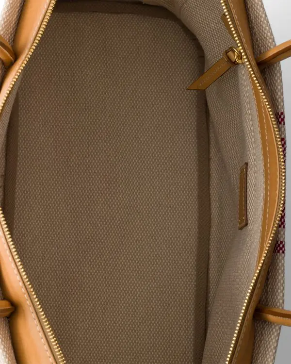 Prada Large Canvas And Leather Tote Bag - Tan/red