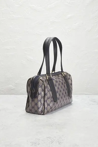 Gucci Boston Bag In Coated Canvas With Blue Calfskin Leather Trim