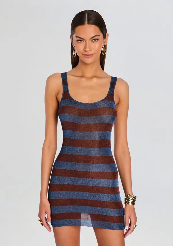 SEROYA Metallic Knit Mini Dress - Rust/navy