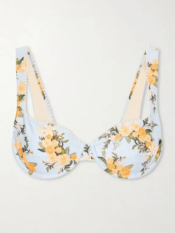 Agua Bendita Hacienda Valle Floral-print Bikini Top - Blue