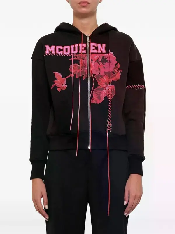 Alexander McQueen Cotton Floral Logo Hooded Zip-up Sweatshirt - Black