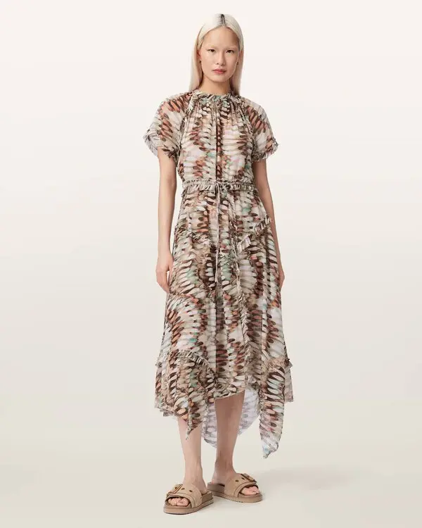 ALLSAINTS Lamaia Asymmetrical Midi Dress With Frill Trims