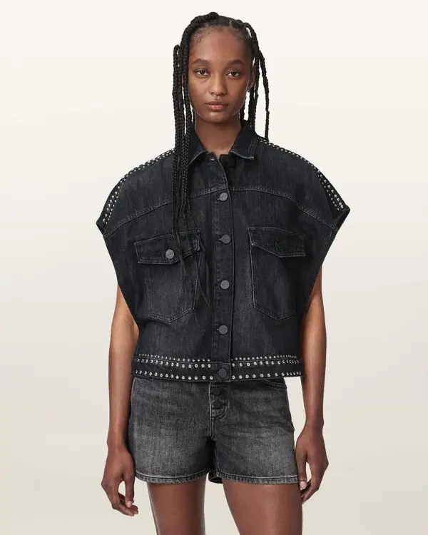 ALLSAINTS Alba Sleeveless Studded Denim Shirt - Black