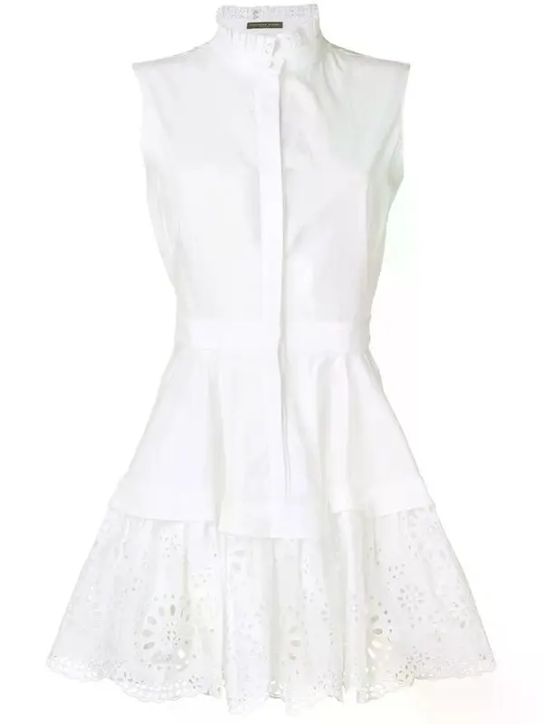 Alexander McQueen Cotton Floral Topstitching Detailed Dress - White