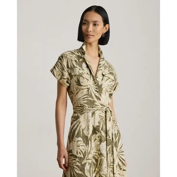 Ralph Lauren Linen Palm Frond Print Belted Camp Shirtdress - Olive Multi