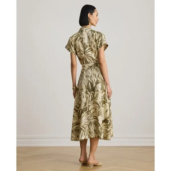 Ralph Lauren Linen Palm Frond Print Belted Camp Shirtdress - Olive Multi