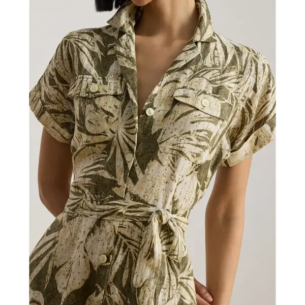 Ralph Lauren Linen Palm Frond Print Belted Camp Shirtdress - Olive Multi