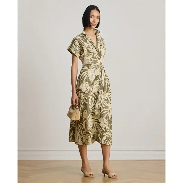 Ralph Lauren Linen Palm Frond Print Belted Camp Shirtdress - Olive Multi