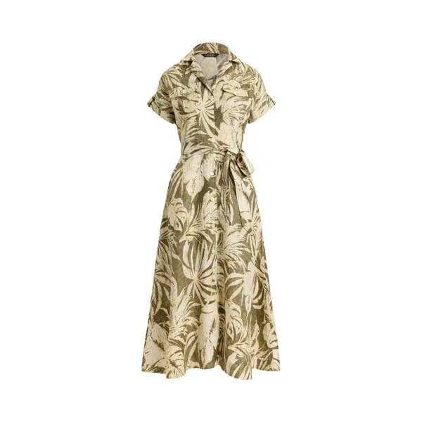Ralph Lauren Linen Palm Frond Print Belted Camp Shirtdress - Olive Multi