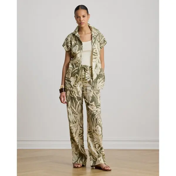 Ralph Lauren Palm-frond Print Linen Wide-leg Trousers