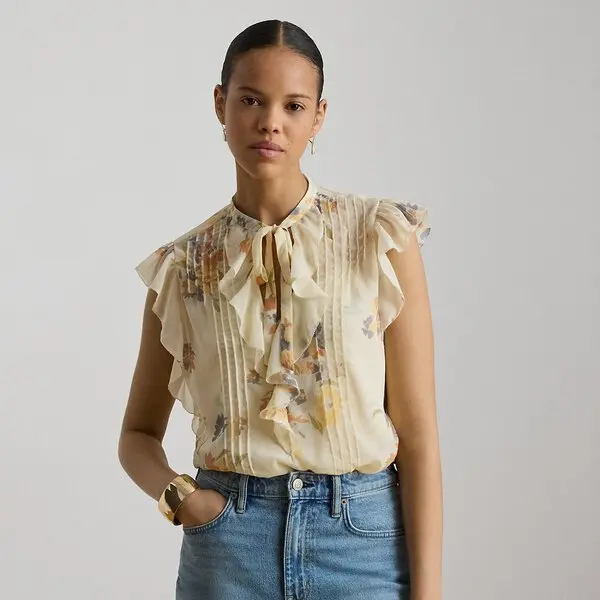 Ralph Lauren Floral Pintucked Tie-neck Blouse - Cream Multi