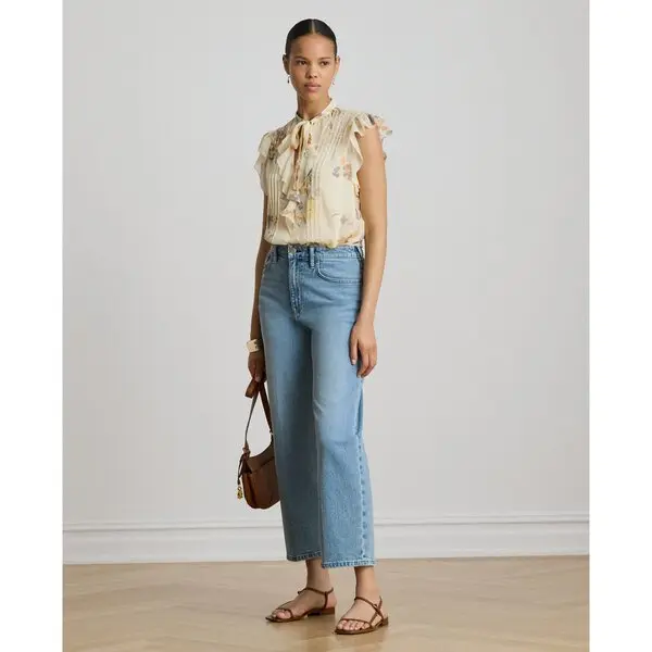 Ralph Lauren Floral Pintucked Tie-neck Blouse - Cream Multi