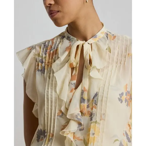 Ralph Lauren Floral Pintucked Tie-neck Blouse - Cream Multi