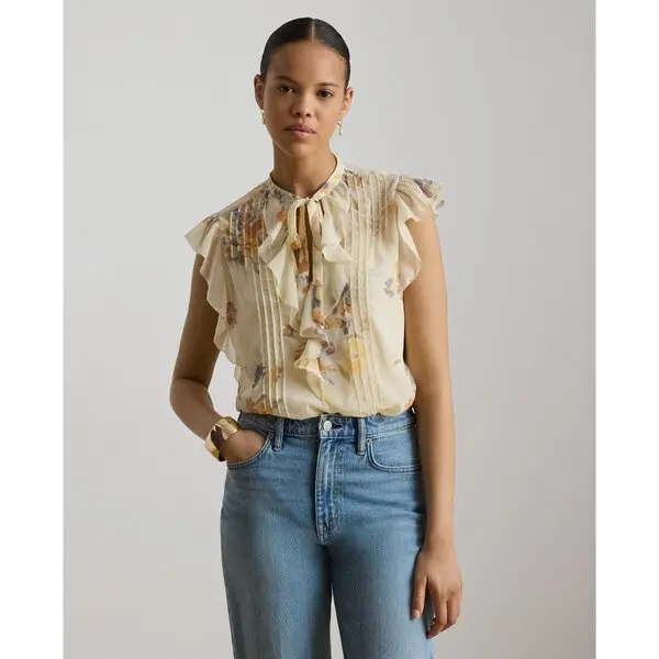 Ralph Lauren Floral Pintucked Tie-neck Blouse - Cream Multi