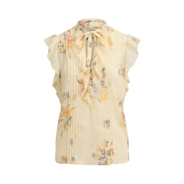 Ralph Lauren Floral Pintucked Tie-neck Blouse - Cream Multi