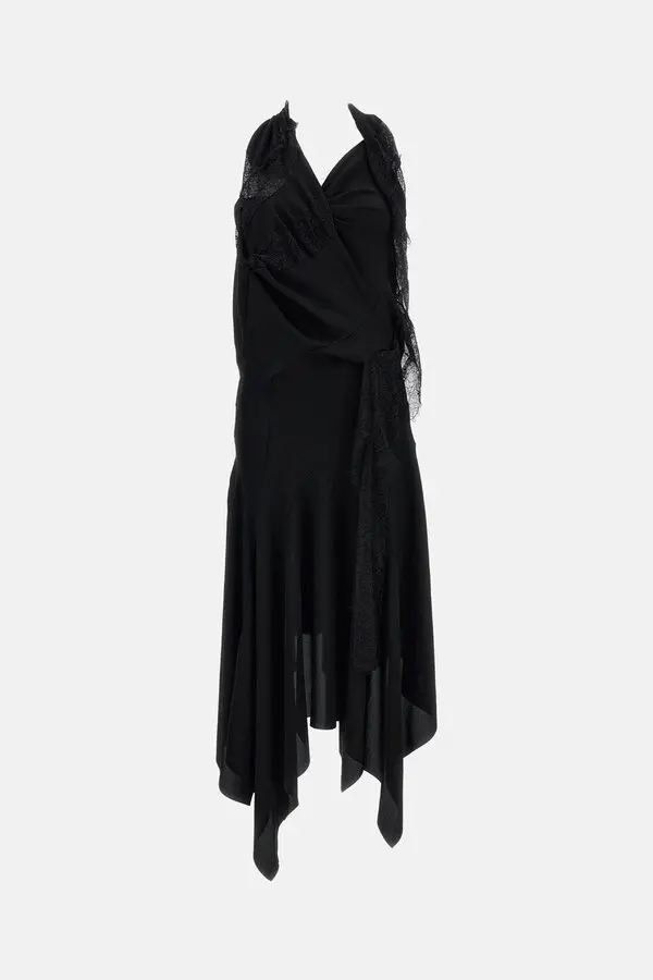 Junya Watanabe Asymmetrical Long Dress With Lace Inserts - Black