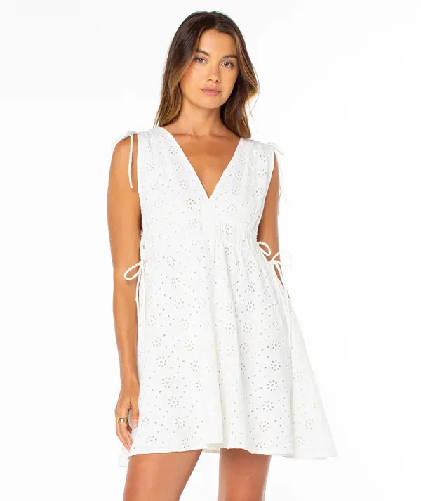 Roxy Bay Breeze Mini Dress With Tie Details - Cloud Dancer Solid