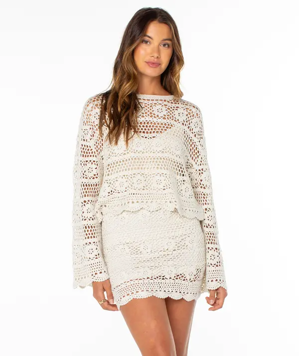Roxy Blue Water Crochet Sweater - Cloud Dancer Solid